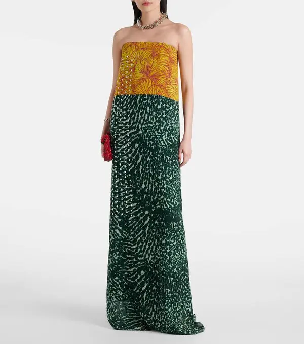 Dries Van Noten Printed Strapless Georgette Gown