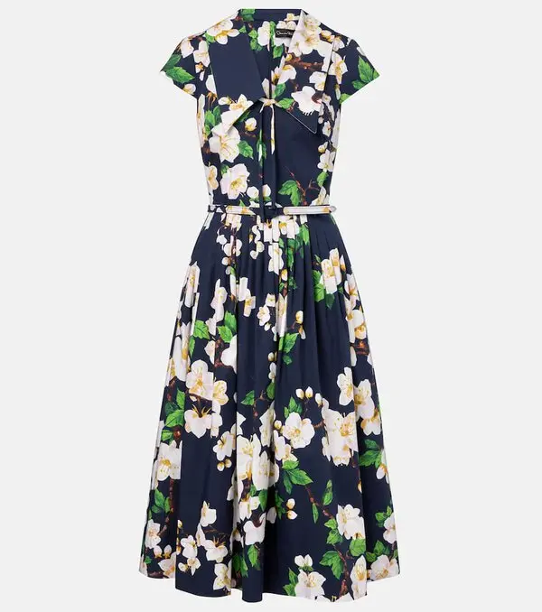 Oscar De La Renta Floral Pleated Cotton-blend Midi Dress