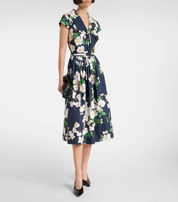 Oscar De La Renta Floral Pleated Cotton-blend Midi Dress