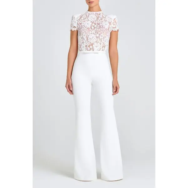NADINE MERABI Harriet Flare Leg Lace & Crepe Jumpsuit - White