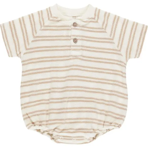 QUINCY MAE Stripe Cotton Terry Henley Bubble Romper - Ivory