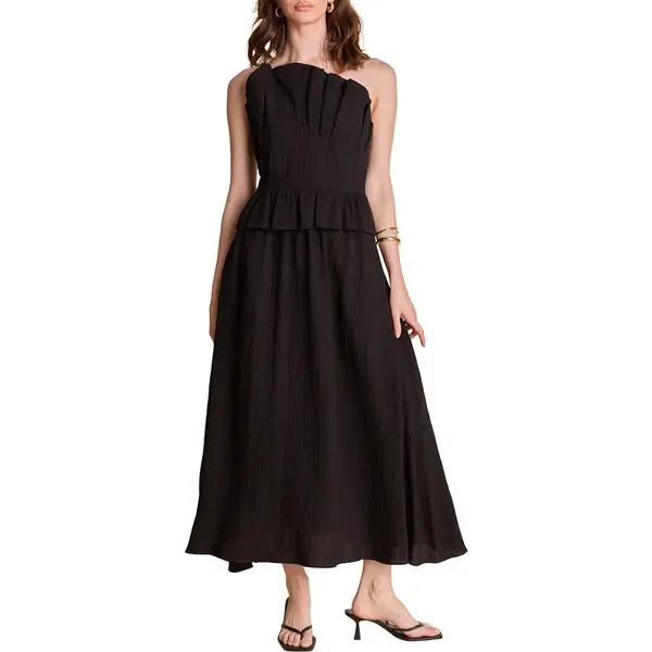 English Factory Pleated Ruffle Strapless Maxi Dress - Black