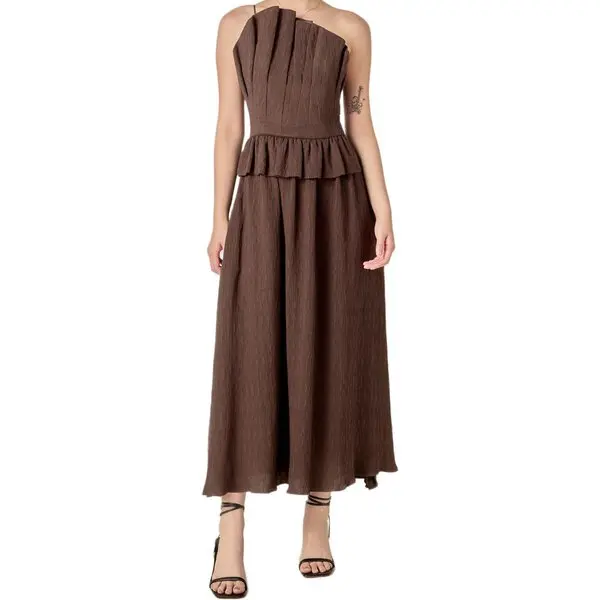 English Factory Pleated Ruffle Strapless Maxi Dress - Brown