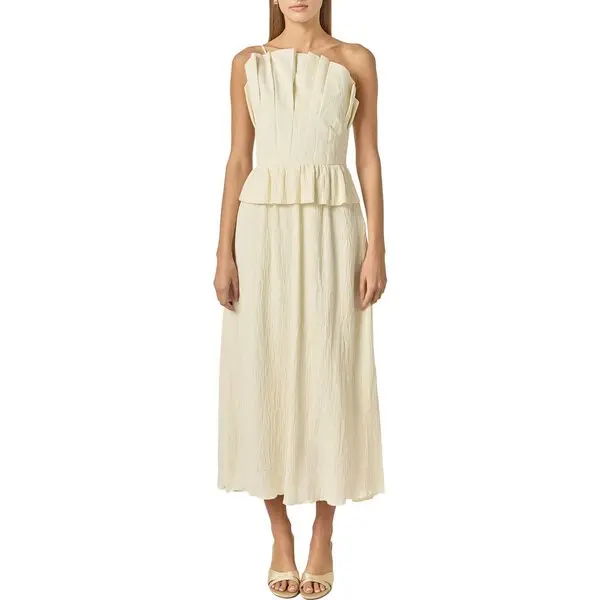 English Factory Pleated Ruffle Strapless Maxi Dress - Ivory