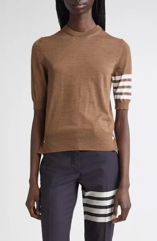 Thom Browne 4-bar Short Sleeve Wool Blend Sweater - Walnut