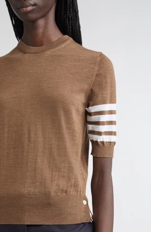Thom Browne 4-bar Short Sleeve Wool Blend Sweater - Walnut