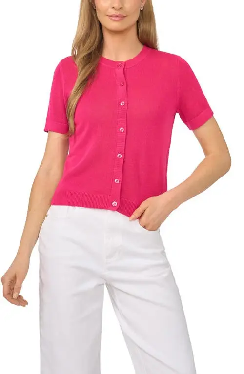 Halogen Short Sleeve Button-up Sweater - Pink Peacock