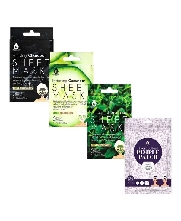 PURSONIC Acne Care & Hydration Essentials Bundle – Hydrocolloid Pimple Patches & Multi-mask Sheet Collection - Black