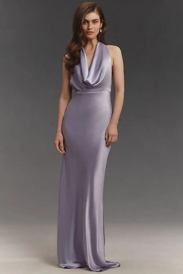 SAU LEE Pearl Satin Plunging Cowl Neck Bias-cut Sheath Maxi Dress - Dusty Lavender