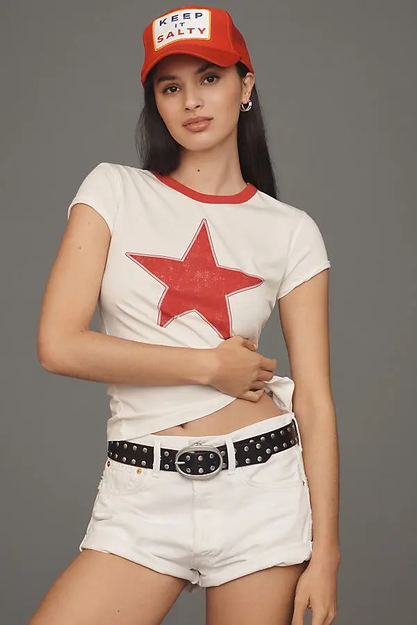 LETLUV Star Short-sleeve Ringer Crew-neck T-shirt - Bright Red