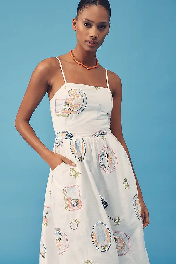 Damson Madder Embroidered Apron Midi Dress - White | Editorialist
