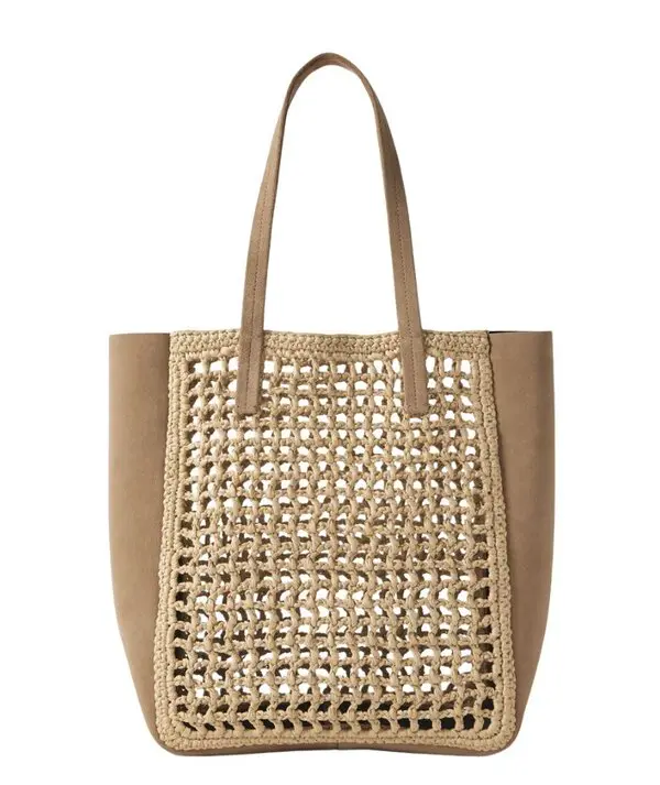 Khaite Zoe Small Suede And Crocheted Raffia Tote - Neutrals