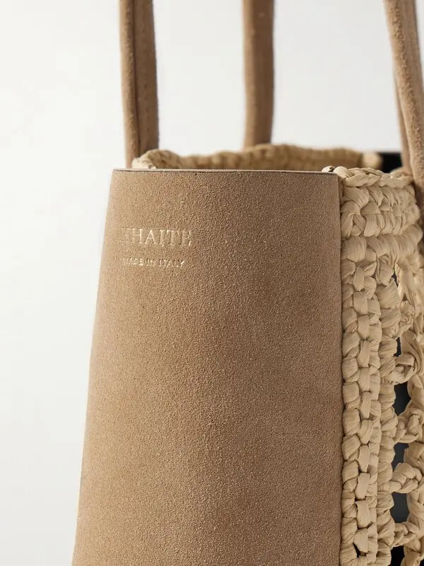 Khaite Zoe Small Suede And Crocheted Raffia Tote - Neutrals