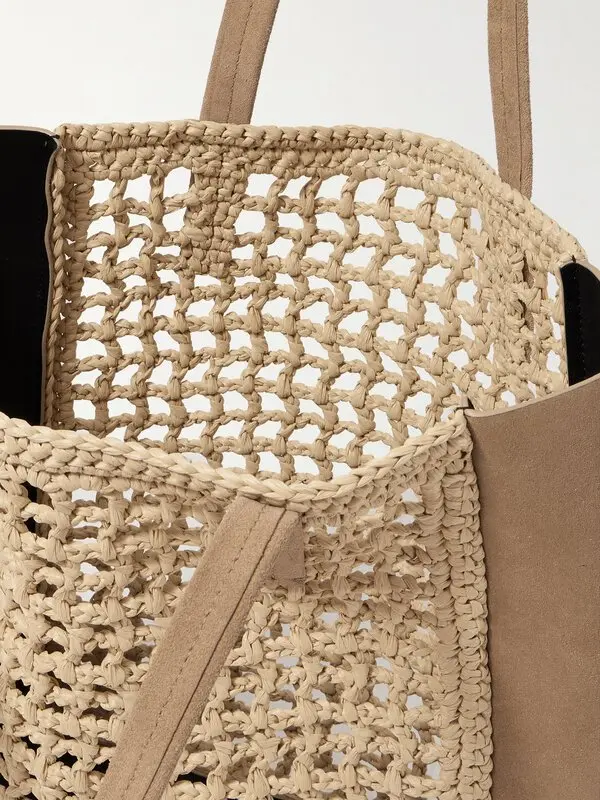 Khaite Zoe Small Suede And Crocheted Raffia Tote - Neutrals