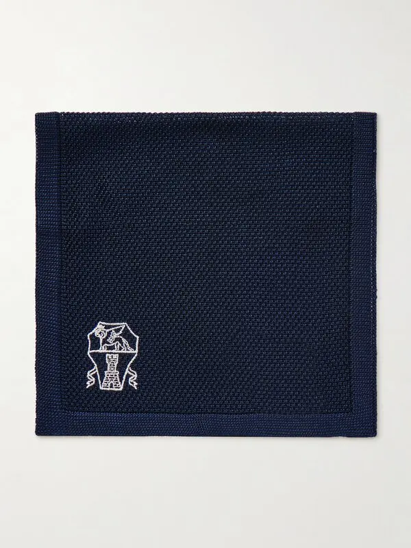Brunello Cucinelli Logo-embroidered Knitted Silk Pocket Square - Blue