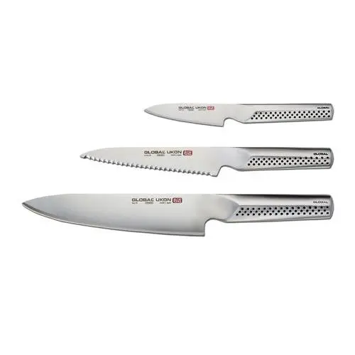 GLOBAL Ukon 3 Piece Knife Set, 3.5" Paring, 6" Serrated Utility - Silver