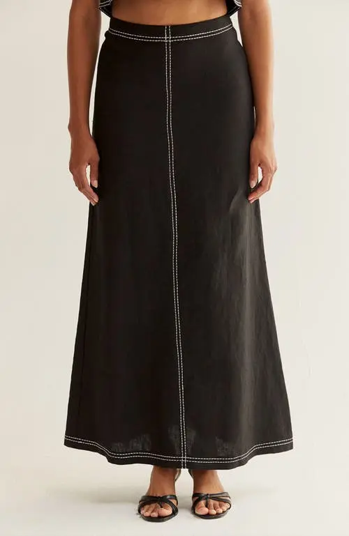 CRESCENT Embroidered Contrast Stitch Linen Maxi Skirt - Black