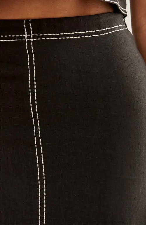 CRESCENT Embroidered Contrast Stitch Linen Maxi Skirt - Black