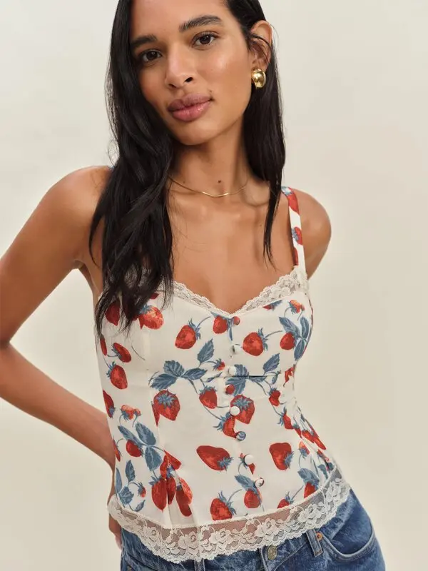 REFORMATION Lisette Top Sleeveless Sweetheart Neckline Lace Trim Camisole