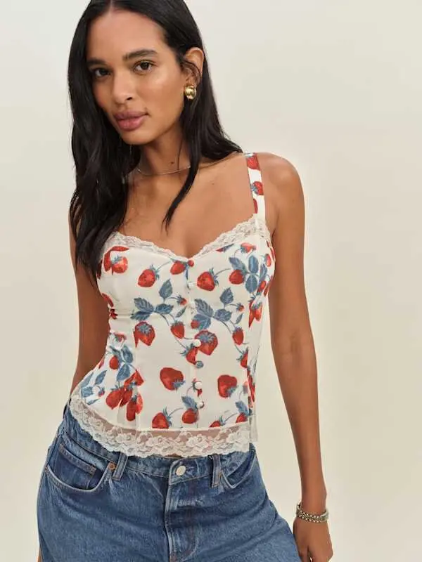 REFORMATION Lisette Top Sleeveless Sweetheart Neckline Lace Trim Camisole