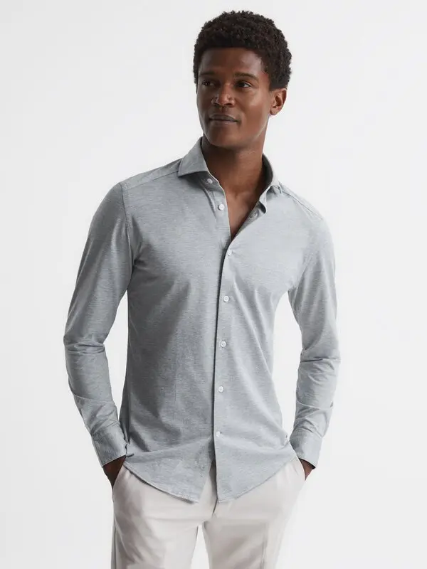REISS Nate Melange Nate Cutaway Collar Jersey Slim Fit Shirt - Grey
