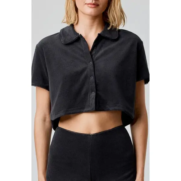 FLORENCE BY MILLS Terry Cloth Crop Snap-up Shirt - Black