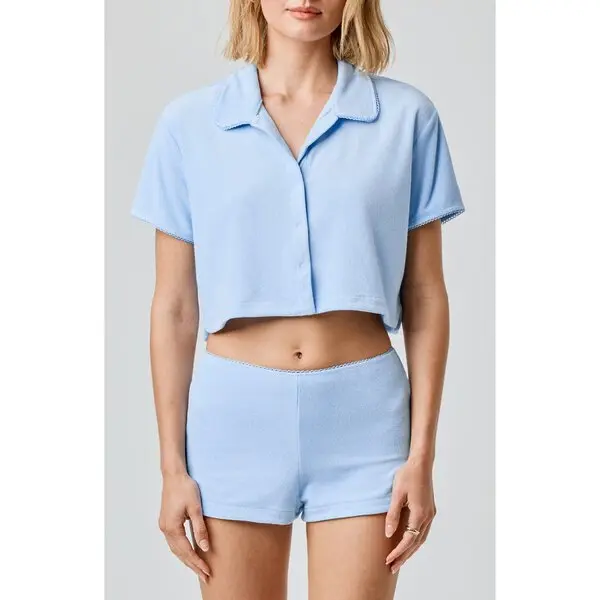 FLORENCE BY MILLS Terry Cloth Crop Snap-up Shirt - Windsurfer