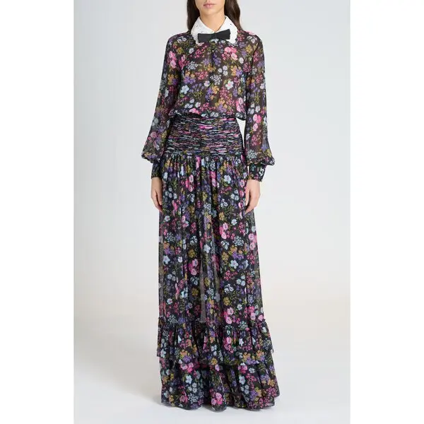 Valentino Garavani Floral Print Long Sleeve Silk Georgette Gown