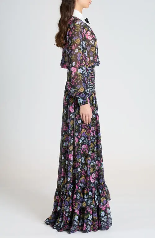 Valentino Garavani Floral Print Long Sleeve Silk Georgette Gown