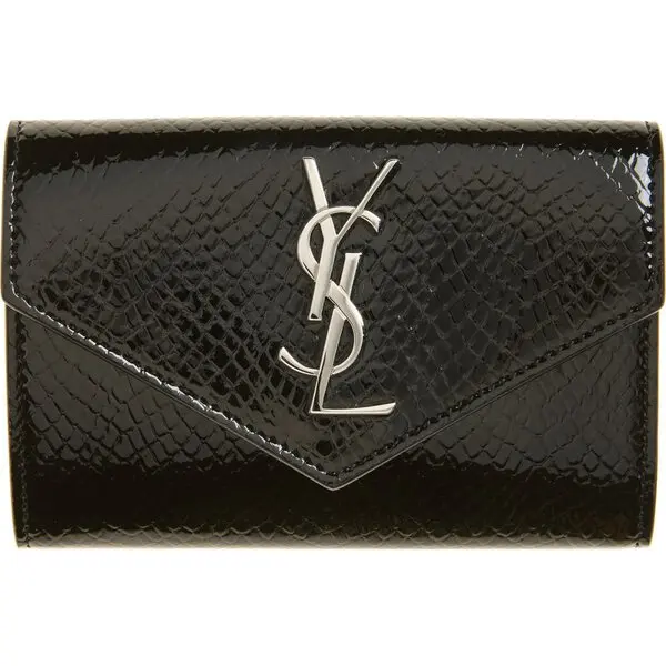 Saint Laurent Small Cassandre Croc Embossed Leather Wallet - Noir