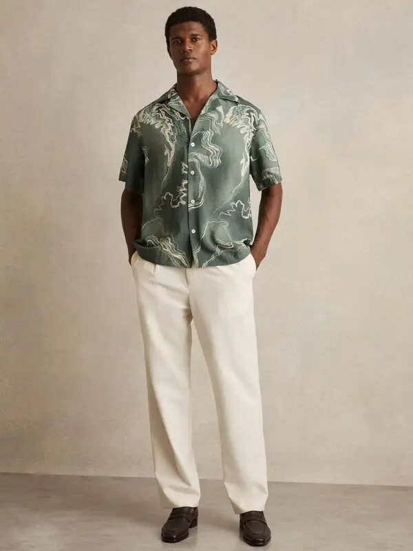 REISS Marble Print Cuban-collar Shirt
