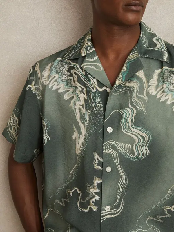 REISS Marble Print Cuban-collar Shirt