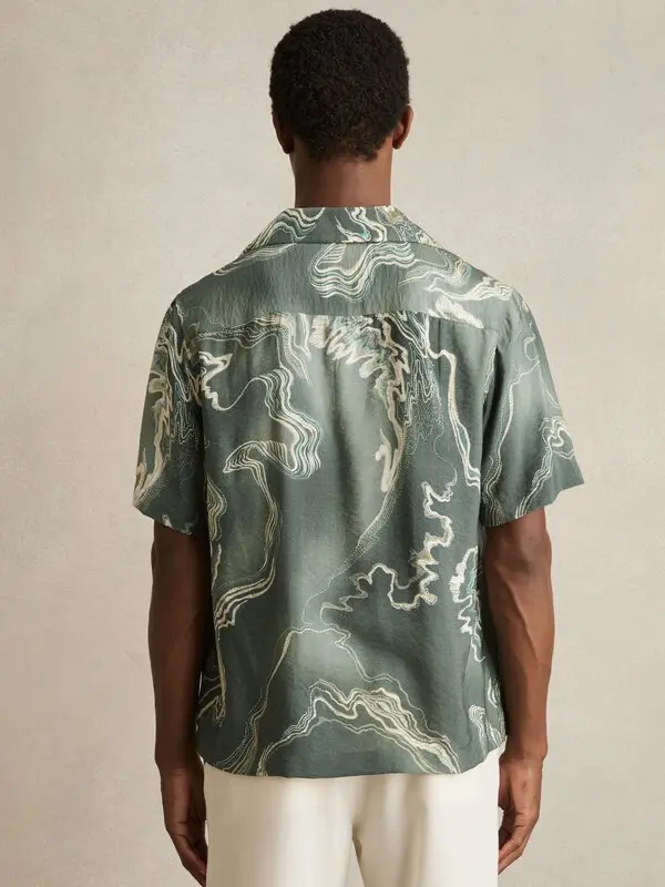 REISS Marble Print Cuban-collar Shirt
