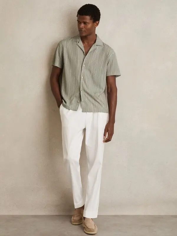 REISS Max Textured Stripe Cuban Collar Shirt - Sage/white