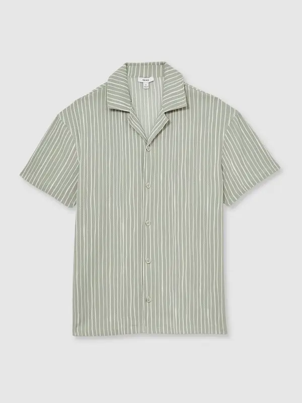 REISS Max Textured Stripe Cuban Collar Shirt - Sage/white