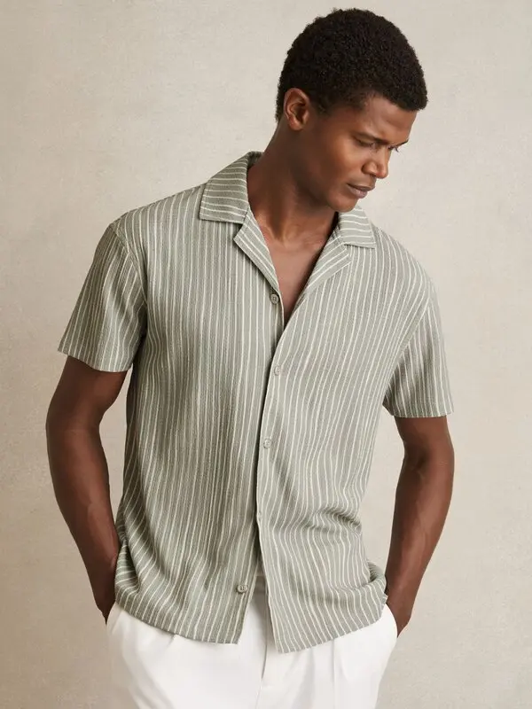 REISS Max Textured Stripe Cuban Collar Shirt - Sage/white