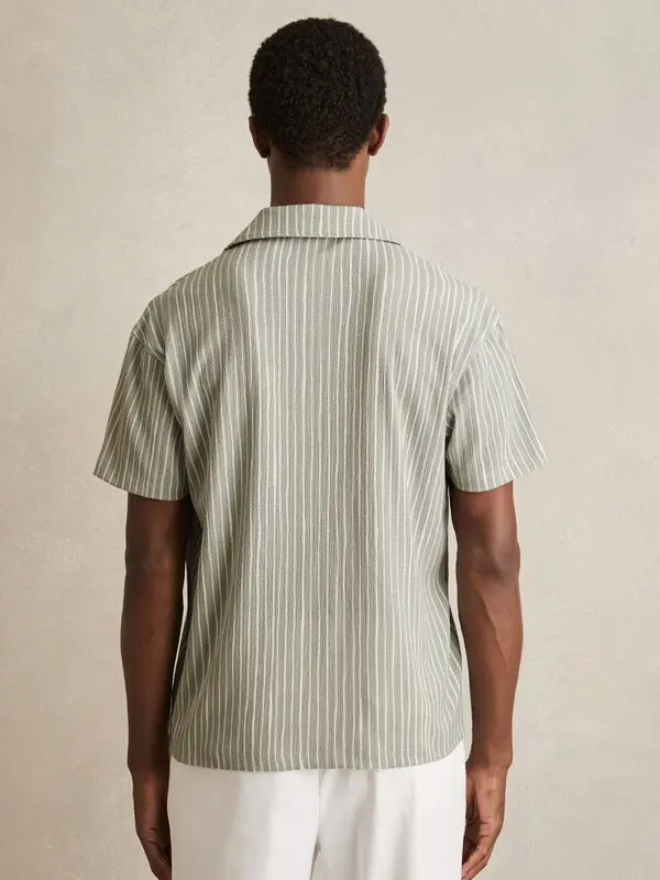 REISS Max Textured Stripe Cuban Collar Shirt - Sage/white