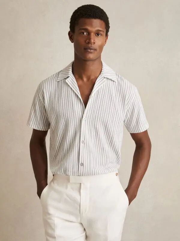 REISS Max Textured Stripe Cuban Collar Shirt - White/soft Blue