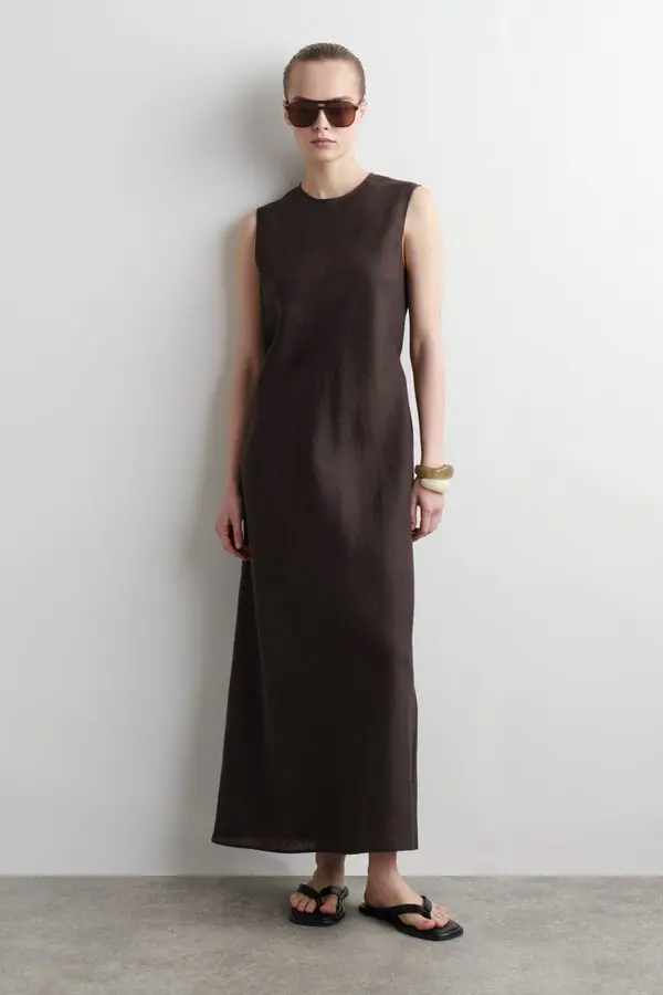 Cos Bias-Cut Linen-Blend Midi Dress In Brown | Editorialist