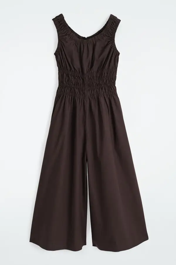 Cos Shirred Cotton Jumpsuit - Brown