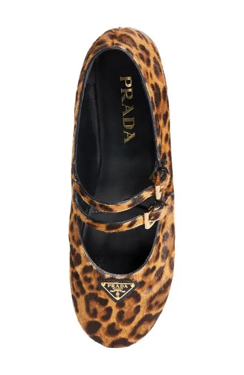 Prada Double Strap Calf Hair Mary Jane Flats - Miele