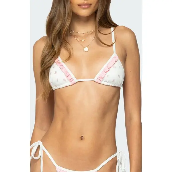 EDIKTED Ira Ruffle Rib Triangle Bikini Top - White