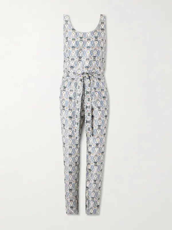 Loro Piana Nadia Belted Printed Silk-satin Jumpsuit - Blue