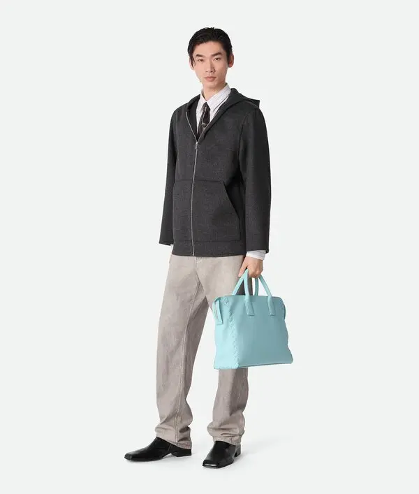 Bottega Veneta Grained Leather Briefcase With Intrecciato Details - Pale Blue