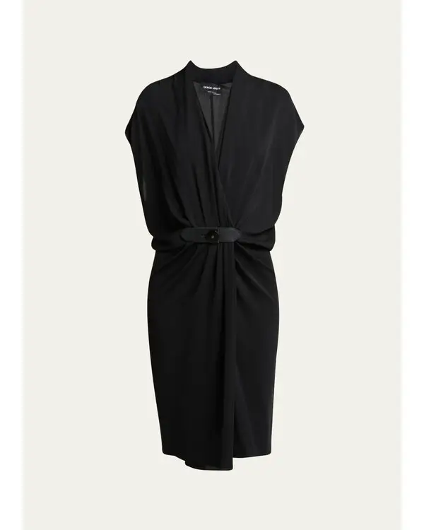 Giorgio Armani Gathered Leather Buckle Silk Dress - Solid Blac