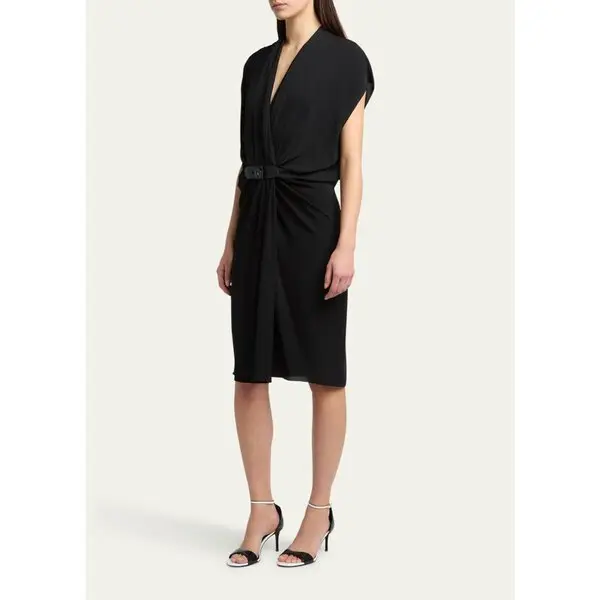 Giorgio Armani Gathered Leather Buckle Silk Dress