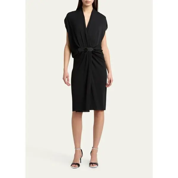 Giorgio Armani Gathered Leather Buckle Silk Dress