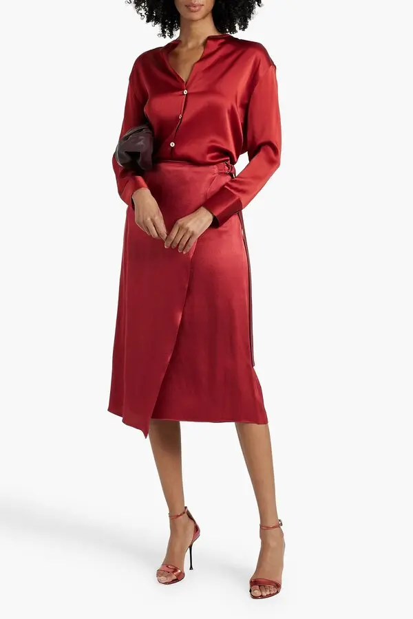 Vince Wrap-effect Satin Midi Skirt - Brick