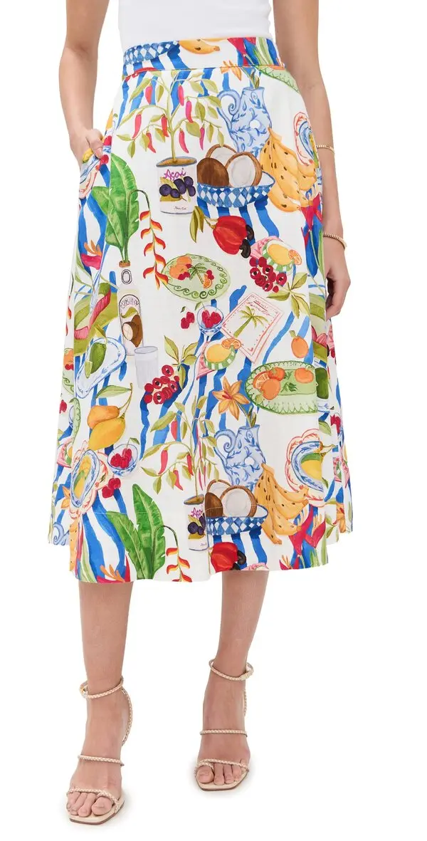 Farm Rio Floral And Fruit Print Midi Skirt - Fresh Table Off White