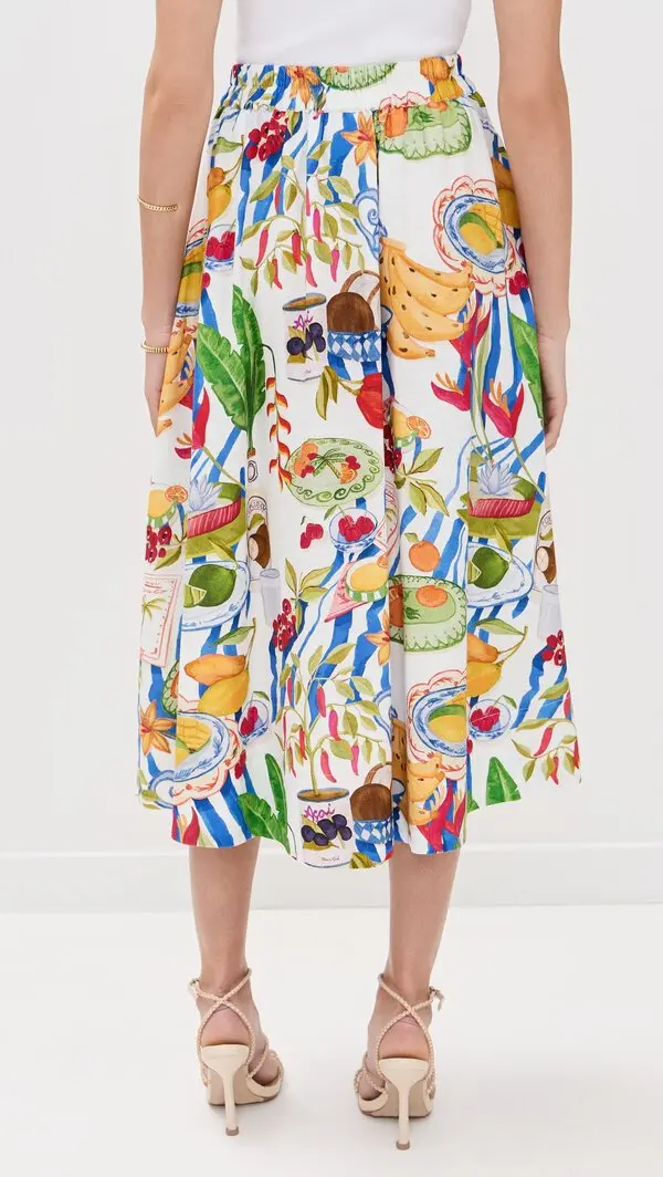 Farm Rio Floral And Fruit Print Midi Skirt - Fresh Table Off White